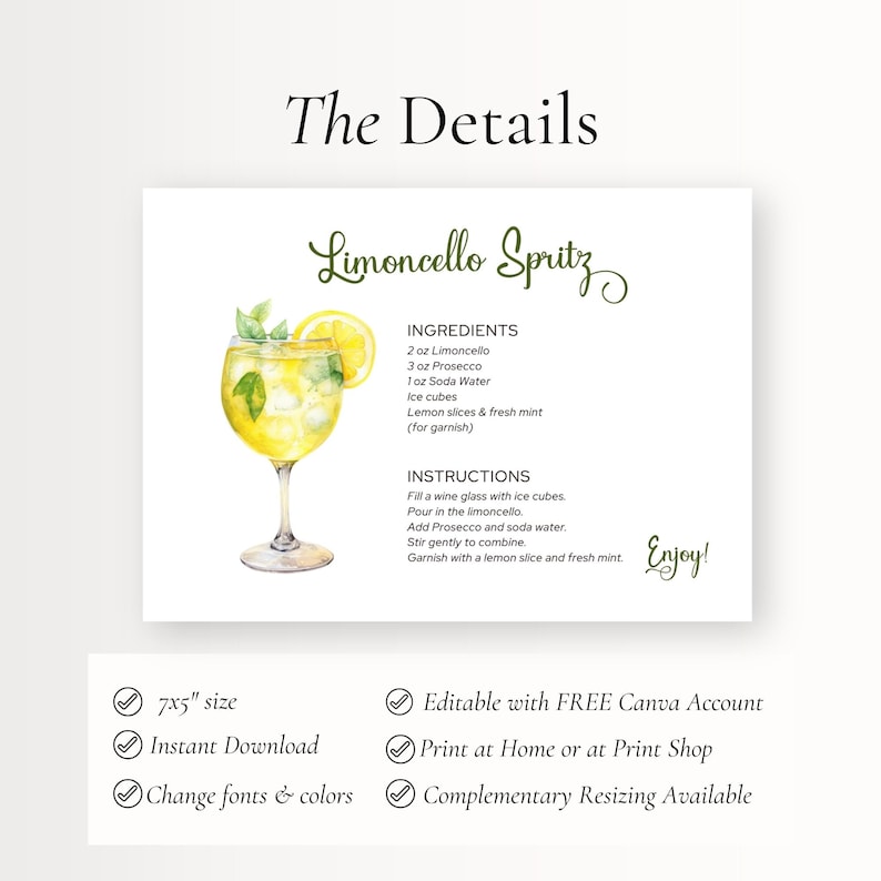 Limoncello Spritz Recipe Card | Watercolor Lemon Mint Drink Cocktail ...