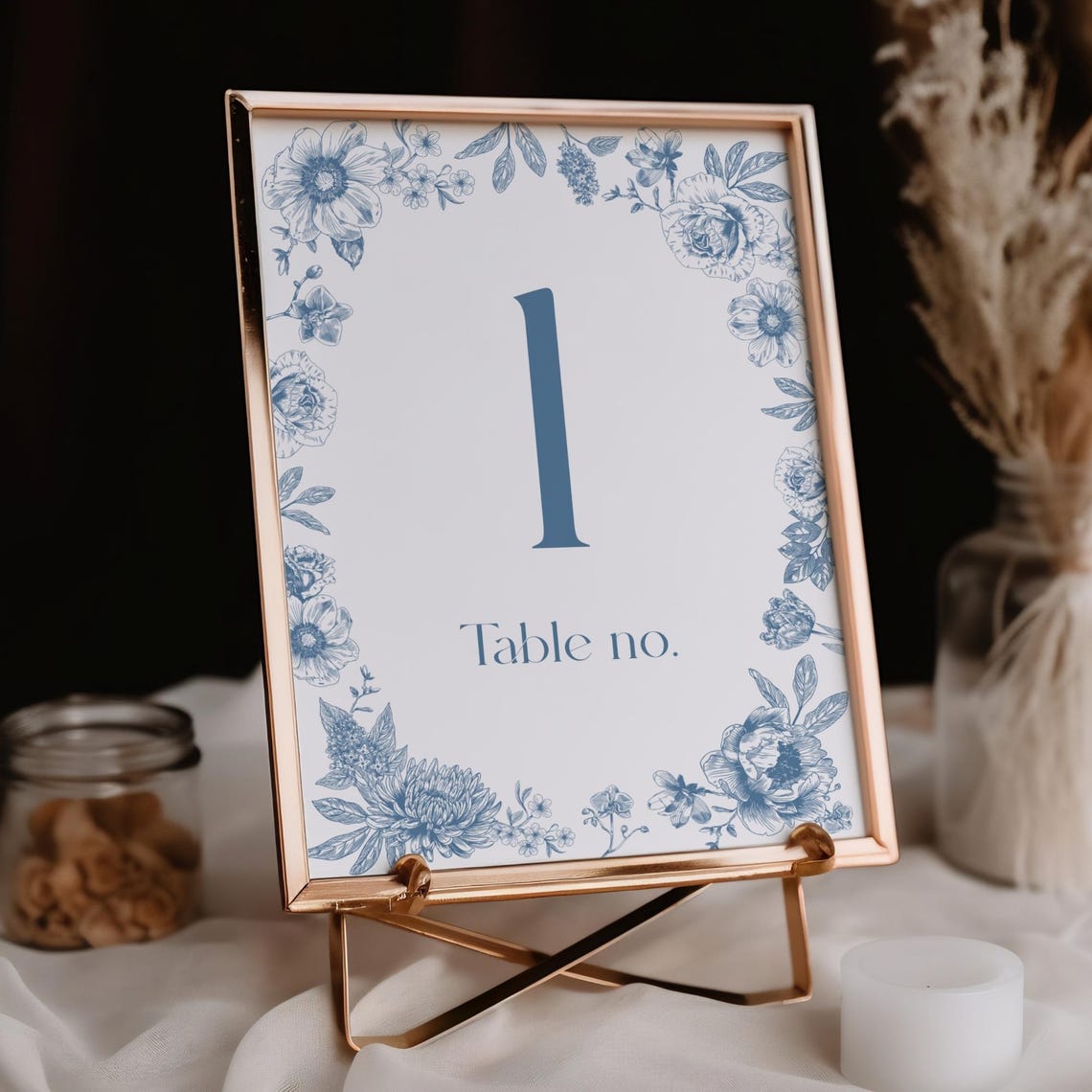 Floral Table Number Template | Dusty Blue Flowers Chinoiserie Hand ...