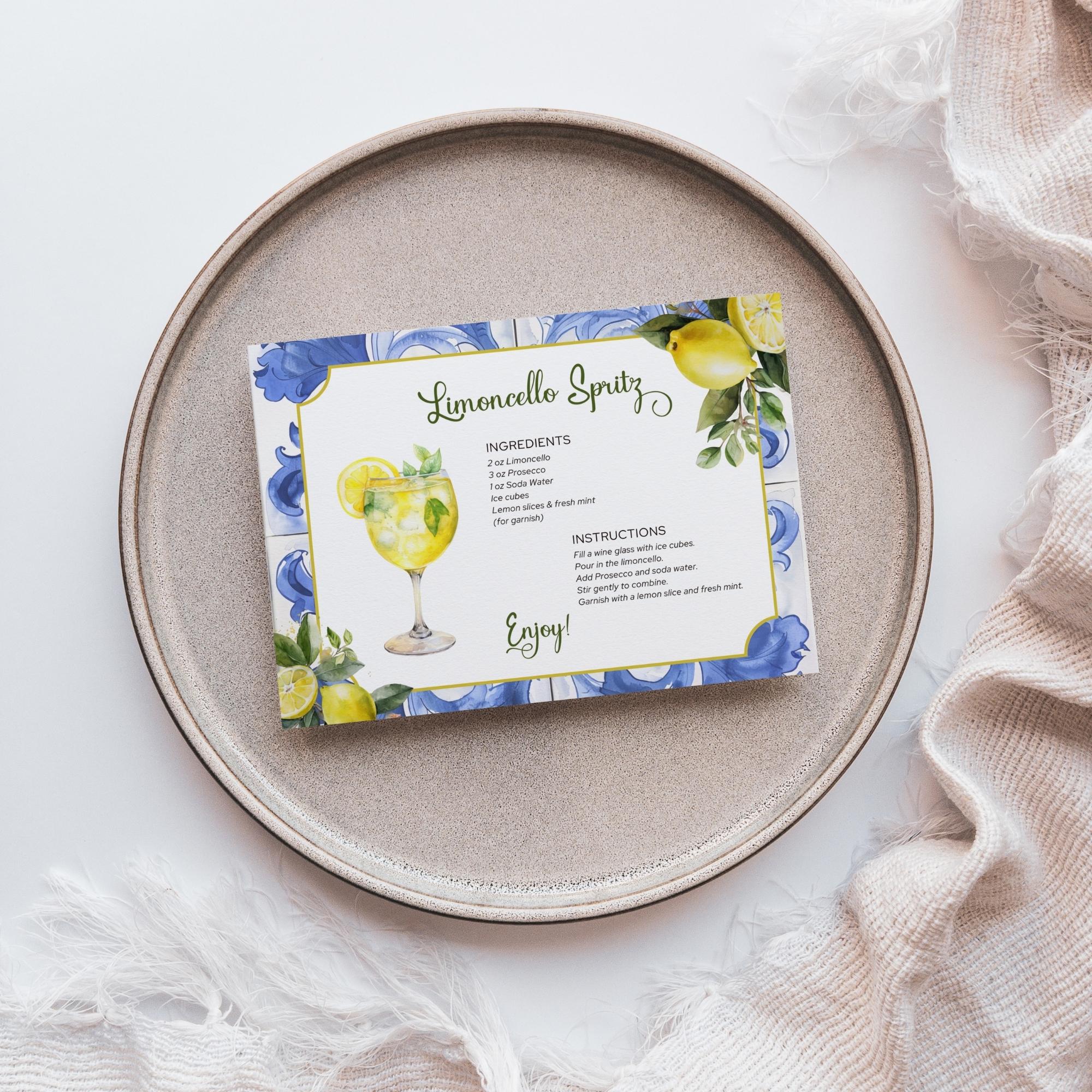 Limoncello Spritz Recipe Card | Watercolor Lemons Mint Drink Cocktail ...