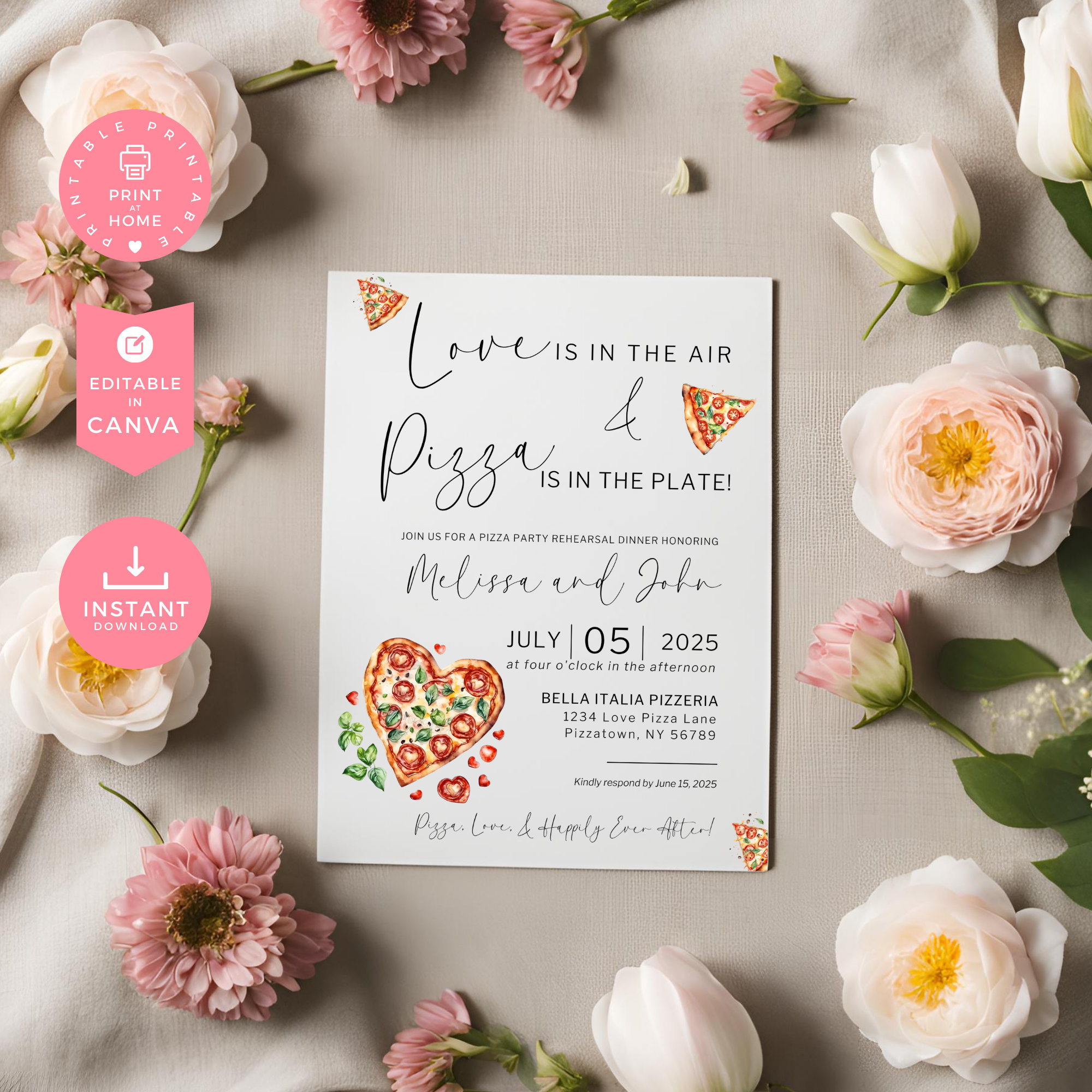 Pizza Themed Rehearsal Dinner Invitation Heart Shaped Pizza Invite ...