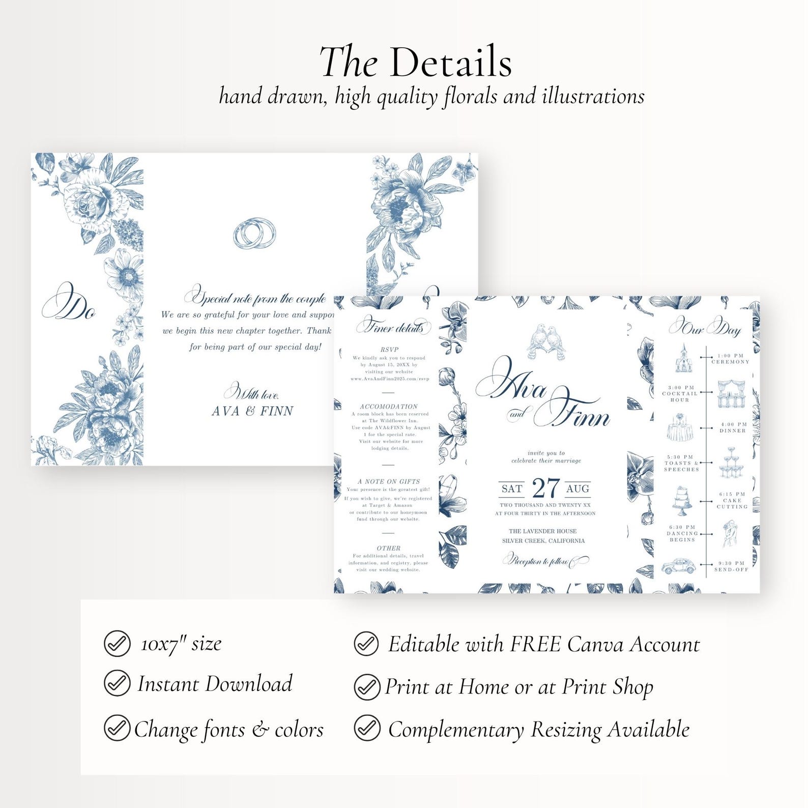 French Blue Gatefold Wedding Invitation Canva, Trifold Invite With Icon ...