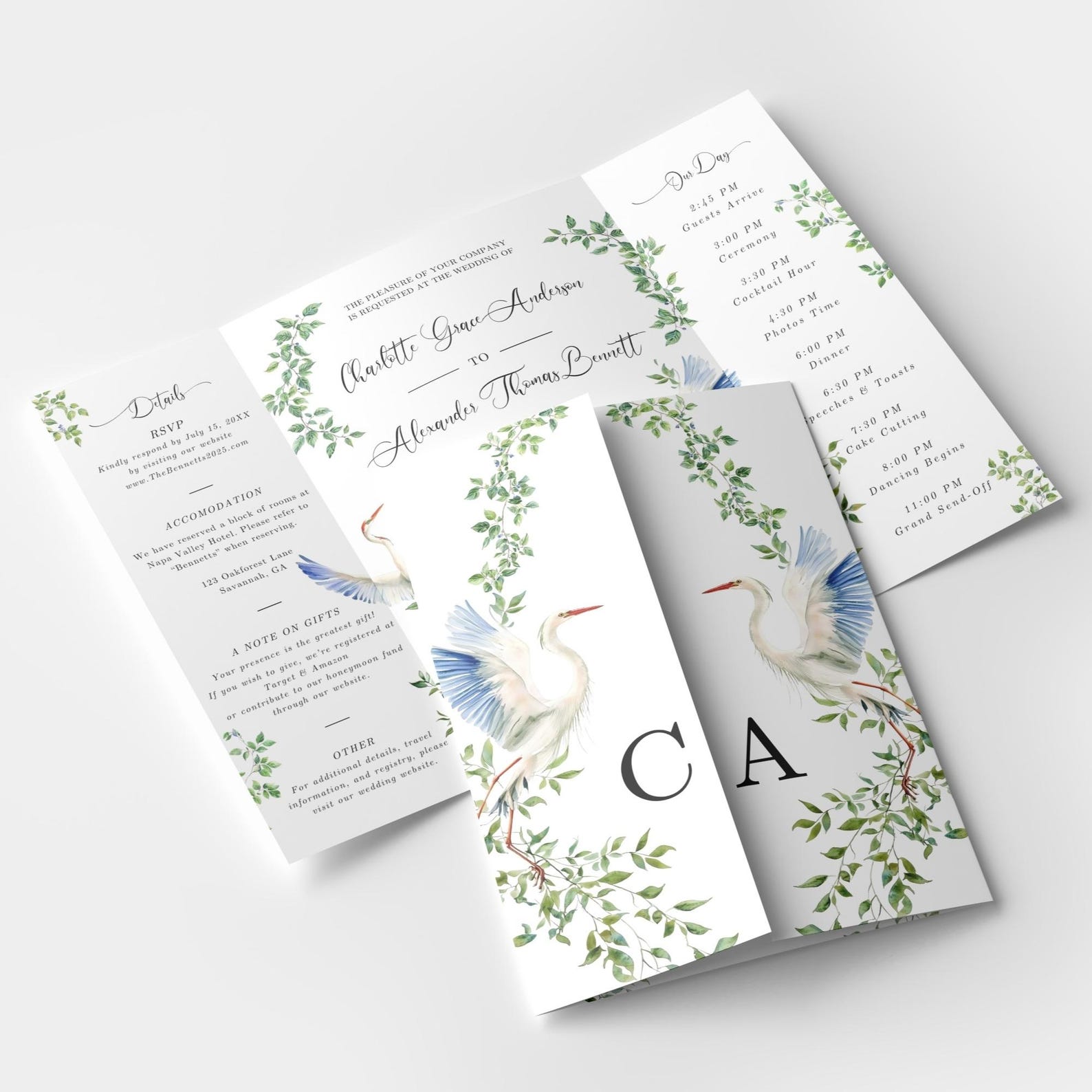 HERON Gatefold Wedding Invitations Canva, Trifold Invite With Greenery ...