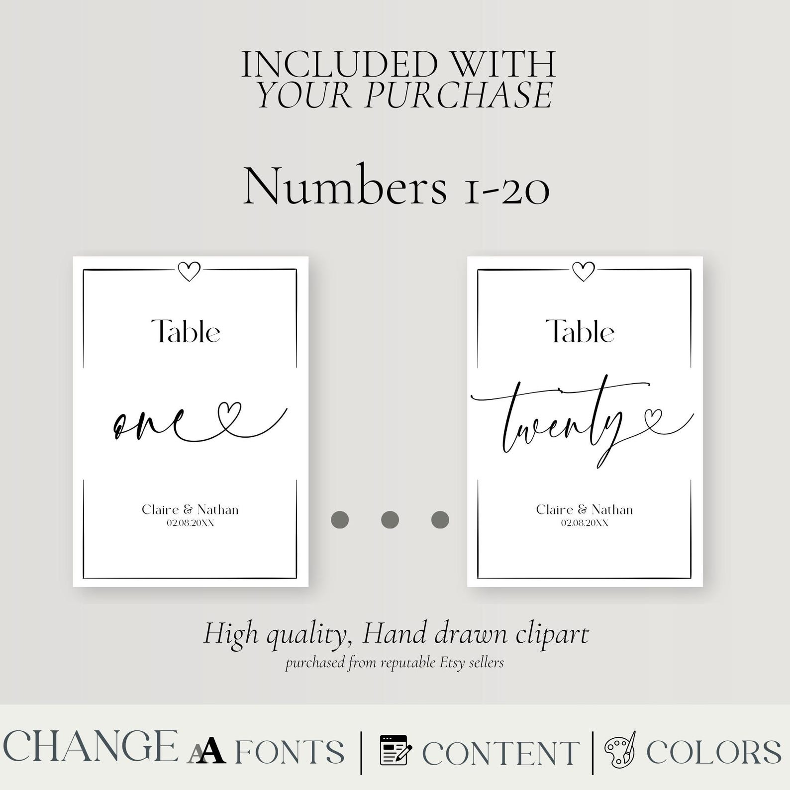 5x7" Table Numbers Sign | Black Bow and Heart Border Hand Drawn Doodle ...