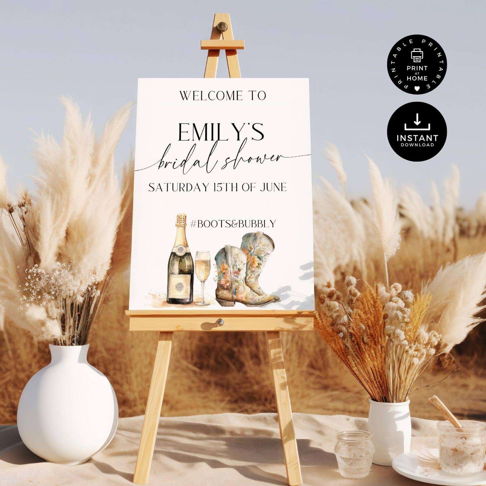 Boho Floral Boots and Bubbly Bridal Shower Welcome Sign, Champagne ...