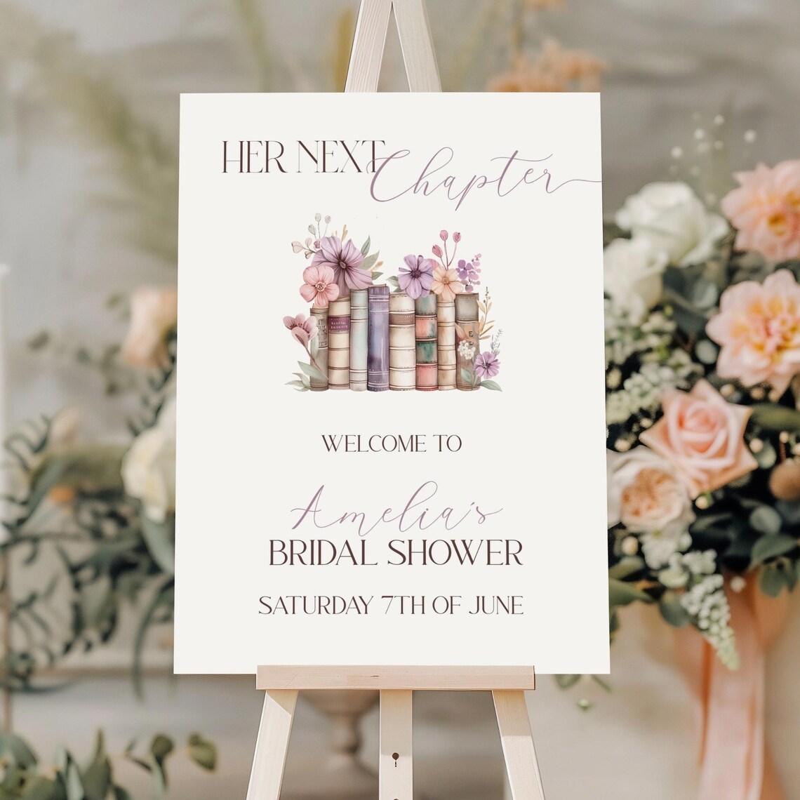 HER NEXT Chapter Bridal Shower Sign, Soft Pink Purple Wildflowers Book ...