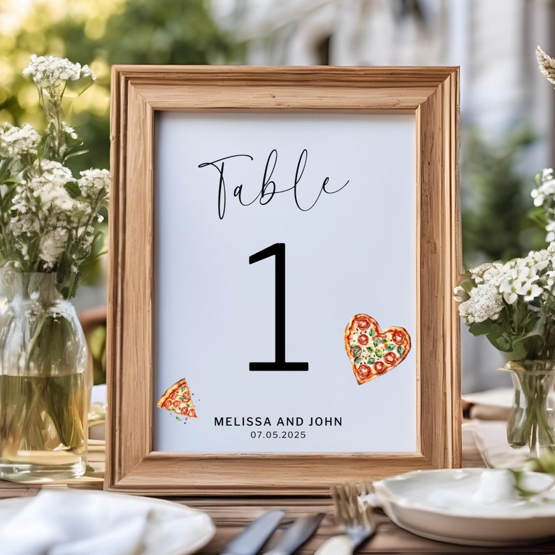 Table Number Signs Minimalistic & Heart Shaped Pizza Card Editable ...
