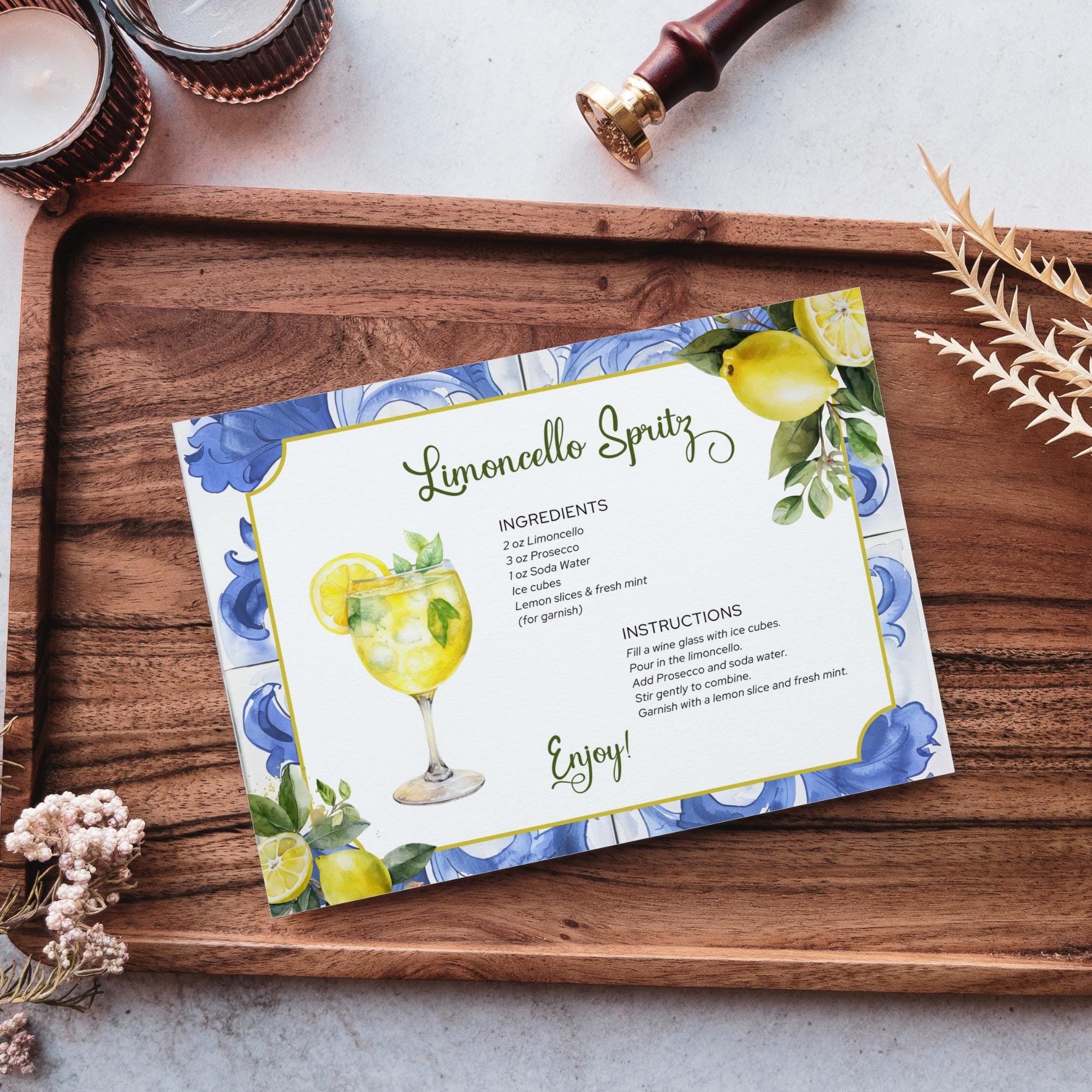 Limoncello Spritz Recipe Card | Watercolor Lemons Mint Drink Cocktail ...