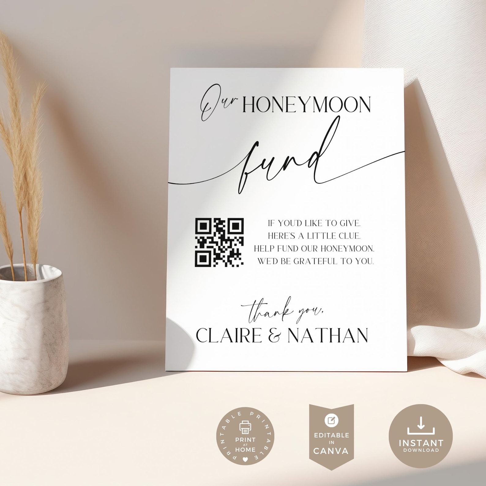 Honeymoon Fund Sign Template With QR Code | Editable in Canva Table ...