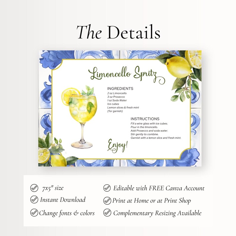 Limoncello Spritz Recipe Card | Watercolor Lemons Mint Drink Cocktail ...