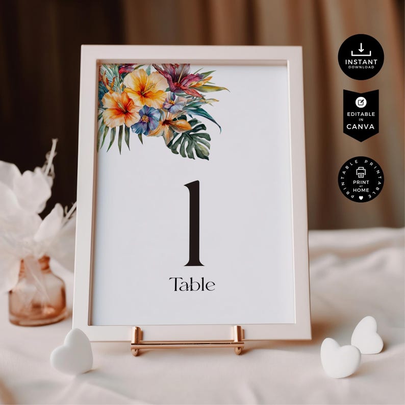 Colorful Floral Table Number Template | Tropical Leaves | Orange Blue ...