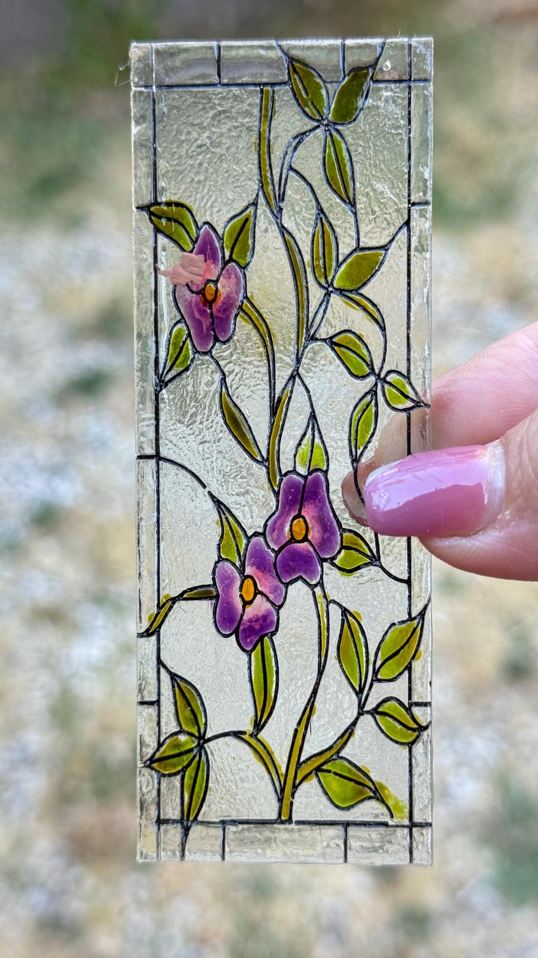 Miniature Stained Glass Look Acrylic Suncatcher Window Purple Flowers ...
