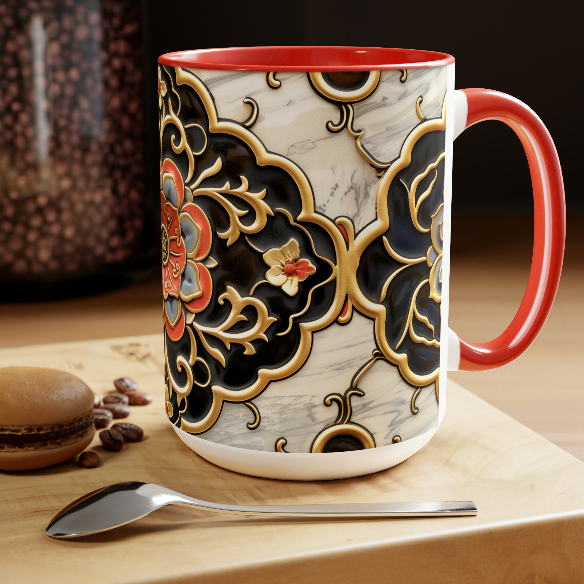 Chinese Tile Coffee Mug | Artistic Pattern Ceramic Two-tone Red 15oz ...