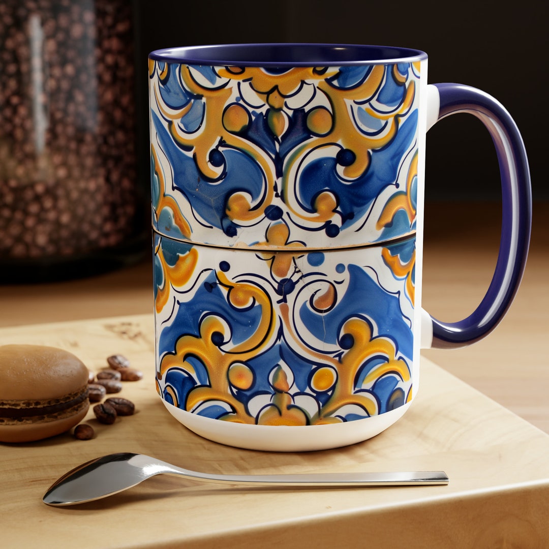 Chinese Tile Coffee Mug | Artistic Pattern Ceramic Two-tone Blue 15oz ...