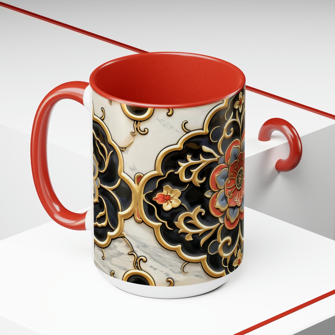 Chinese Tile Coffee Mug | Artistic Pattern Ceramic Two-tone Red 15oz ...
