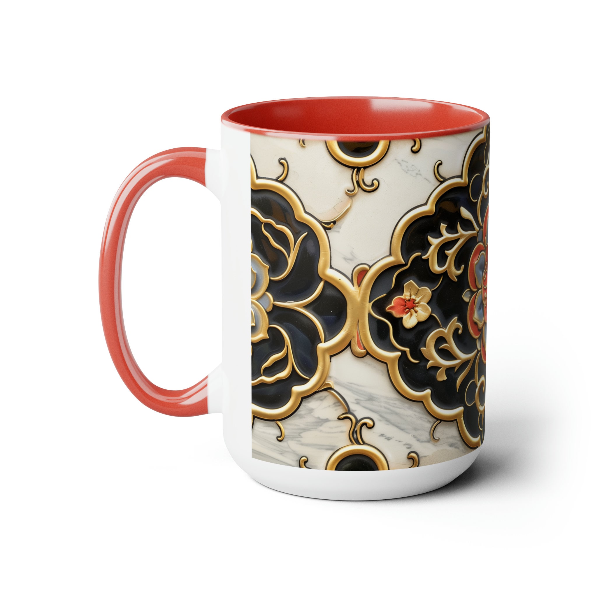 Chinese Tile Coffee Mug | Artistic Pattern Ceramic Two-tone Red 15oz ...