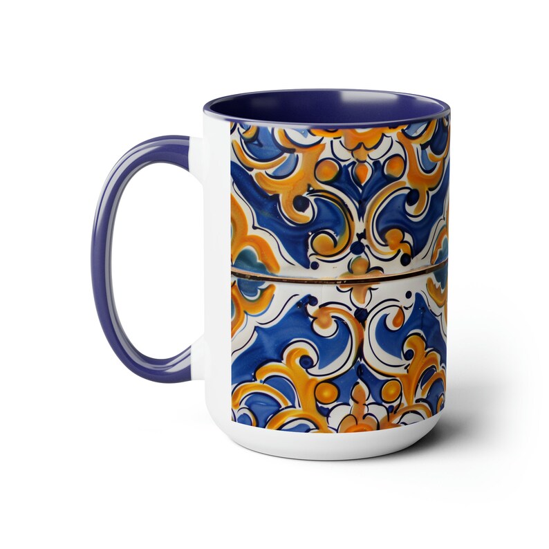 Chinese Tile Coffee Mug | Artistic Pattern Ceramic Two-tone Blue 15oz ...