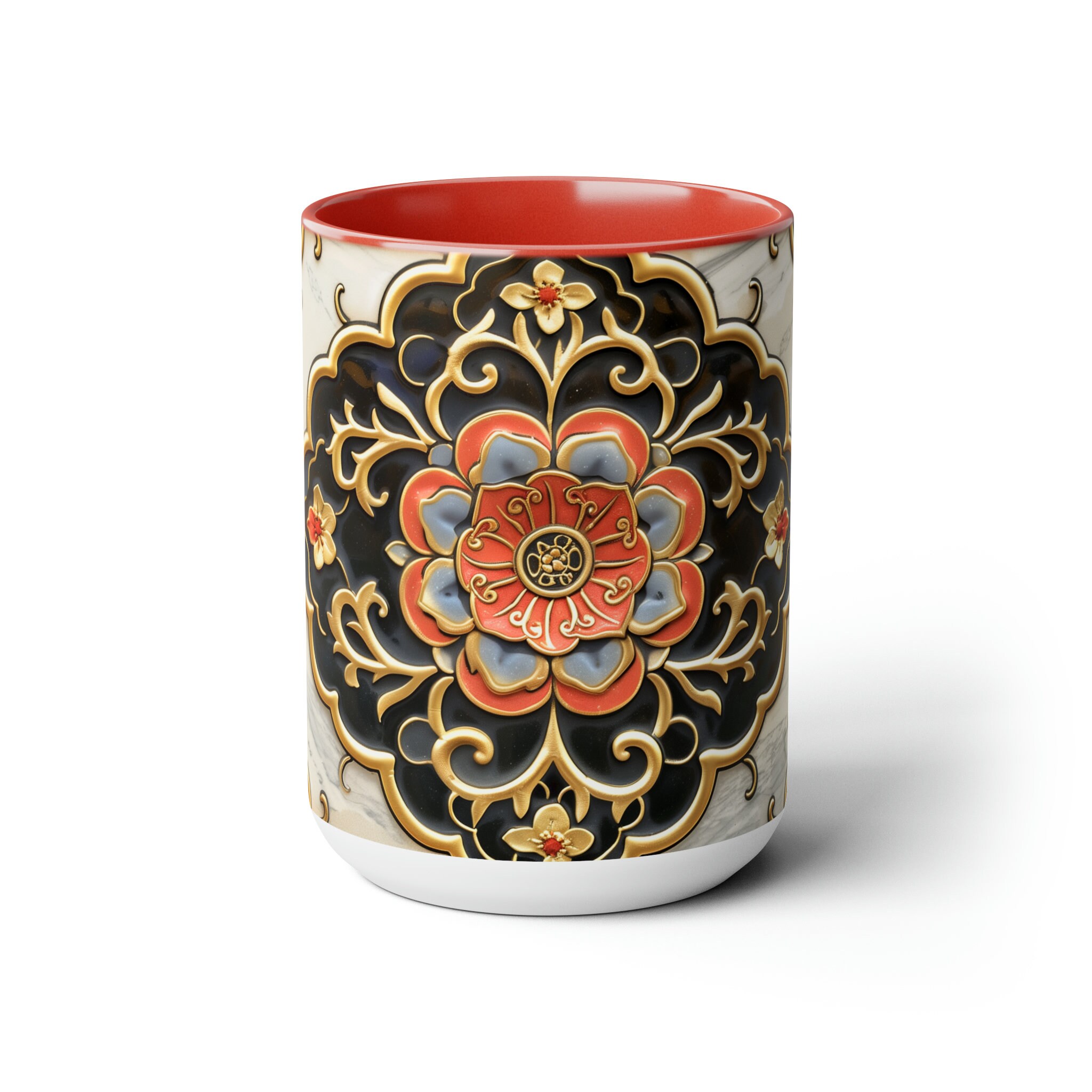 Chinese Tile Coffee Mug | Artistic Pattern Ceramic Two-tone Red 15oz ...