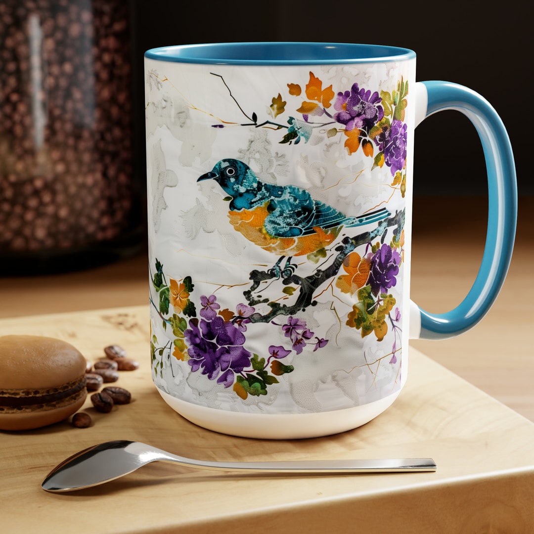 Batik Bird Flowers Mug | 15oz Ceramic Zen Coffee Cup | Floral Tea Mug ...