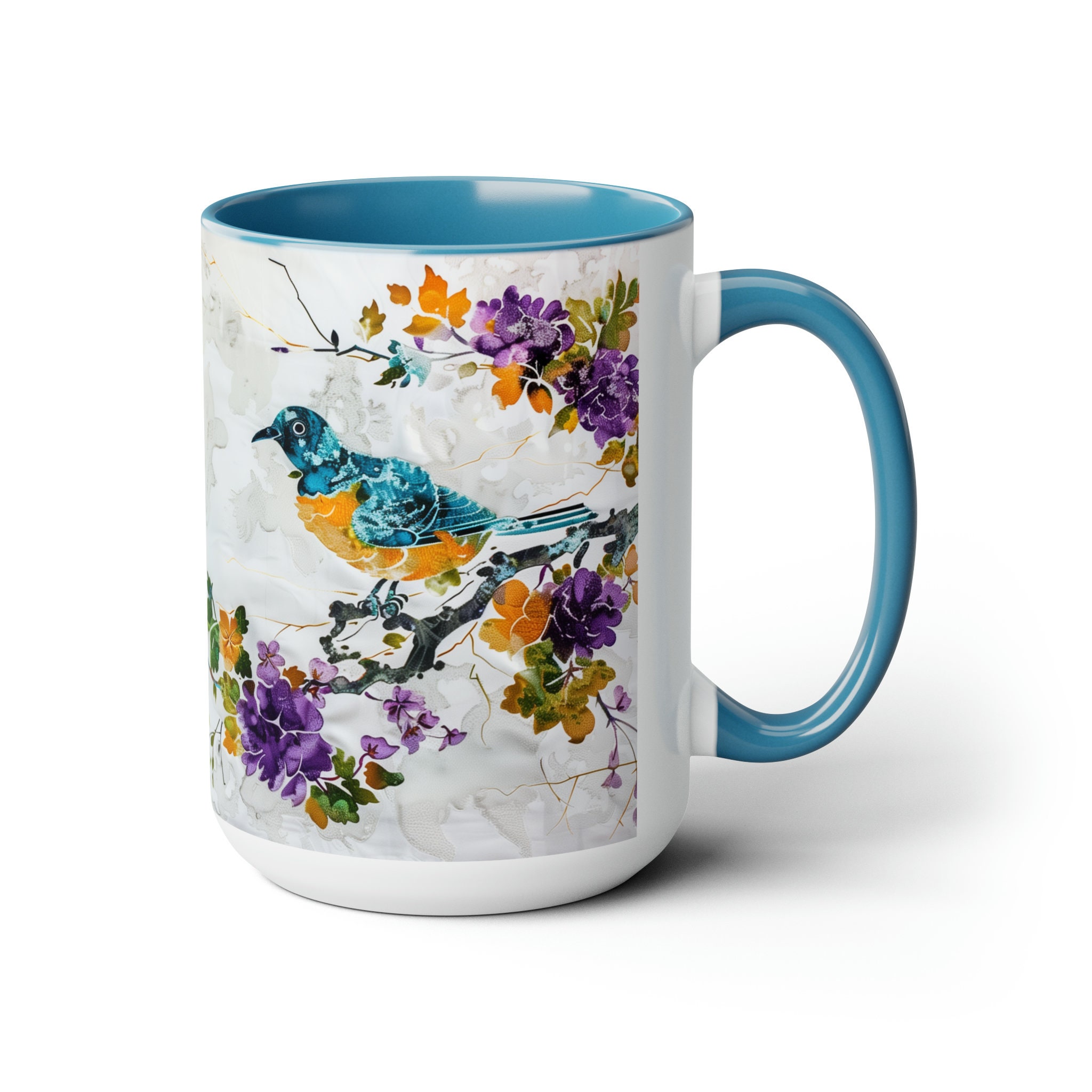 Batik Bird Flowers Mug | 15oz Ceramic Zen Coffee Cup | Floral Tea Mug ...