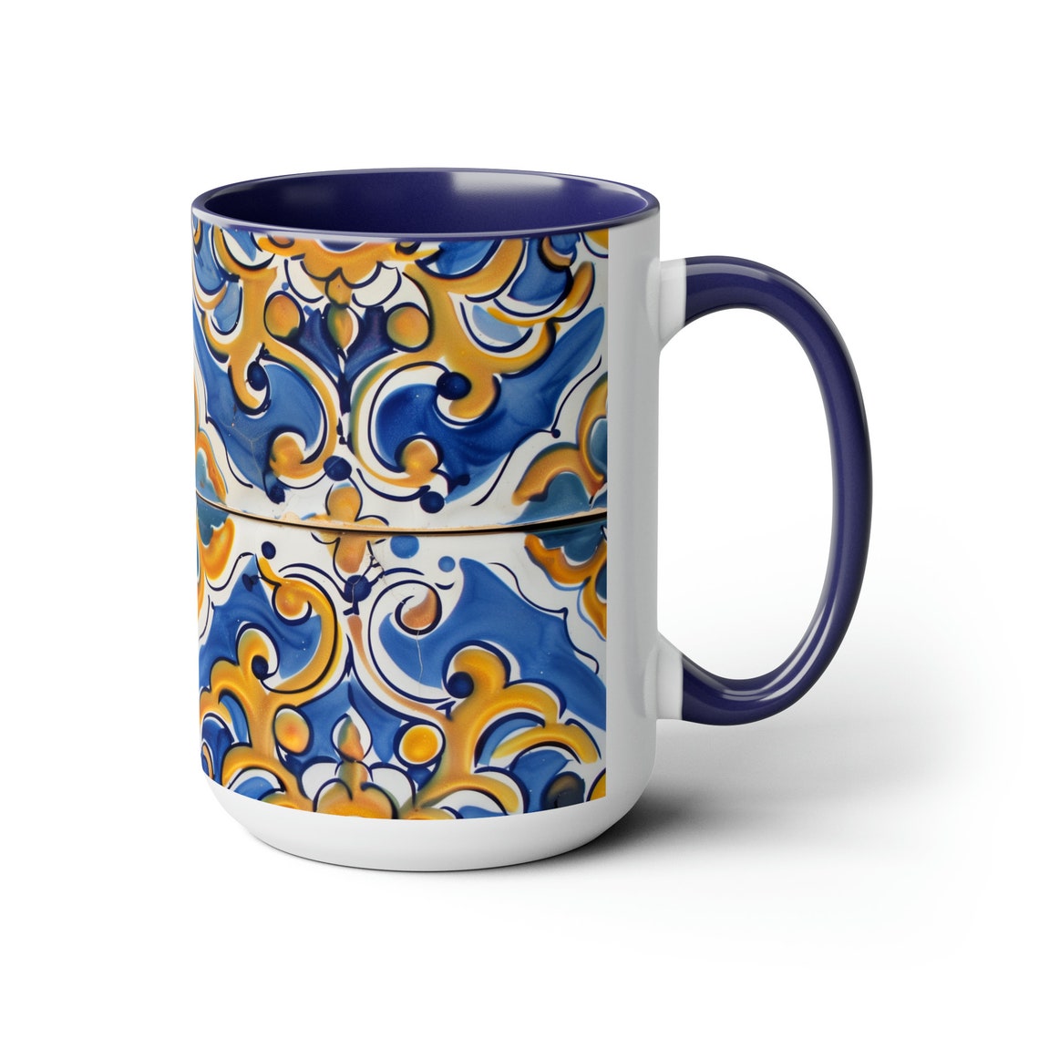 Chinese Tile Coffee Mug | Artistic Pattern Ceramic Two-tone Blue 15oz ...