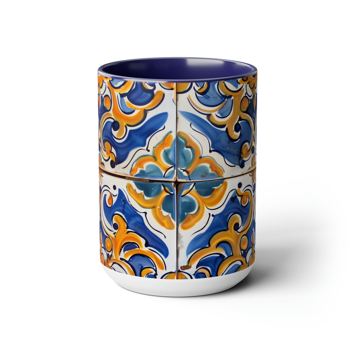 Chinese Tile Coffee Mug | Artistic Pattern Ceramic Two-tone Blue 15oz ...