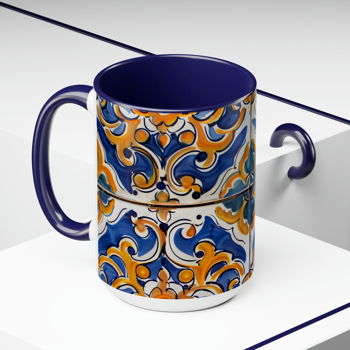 Chinese Tile Coffee Mug | Artistic Pattern Ceramic Two-tone Blue 15oz ...