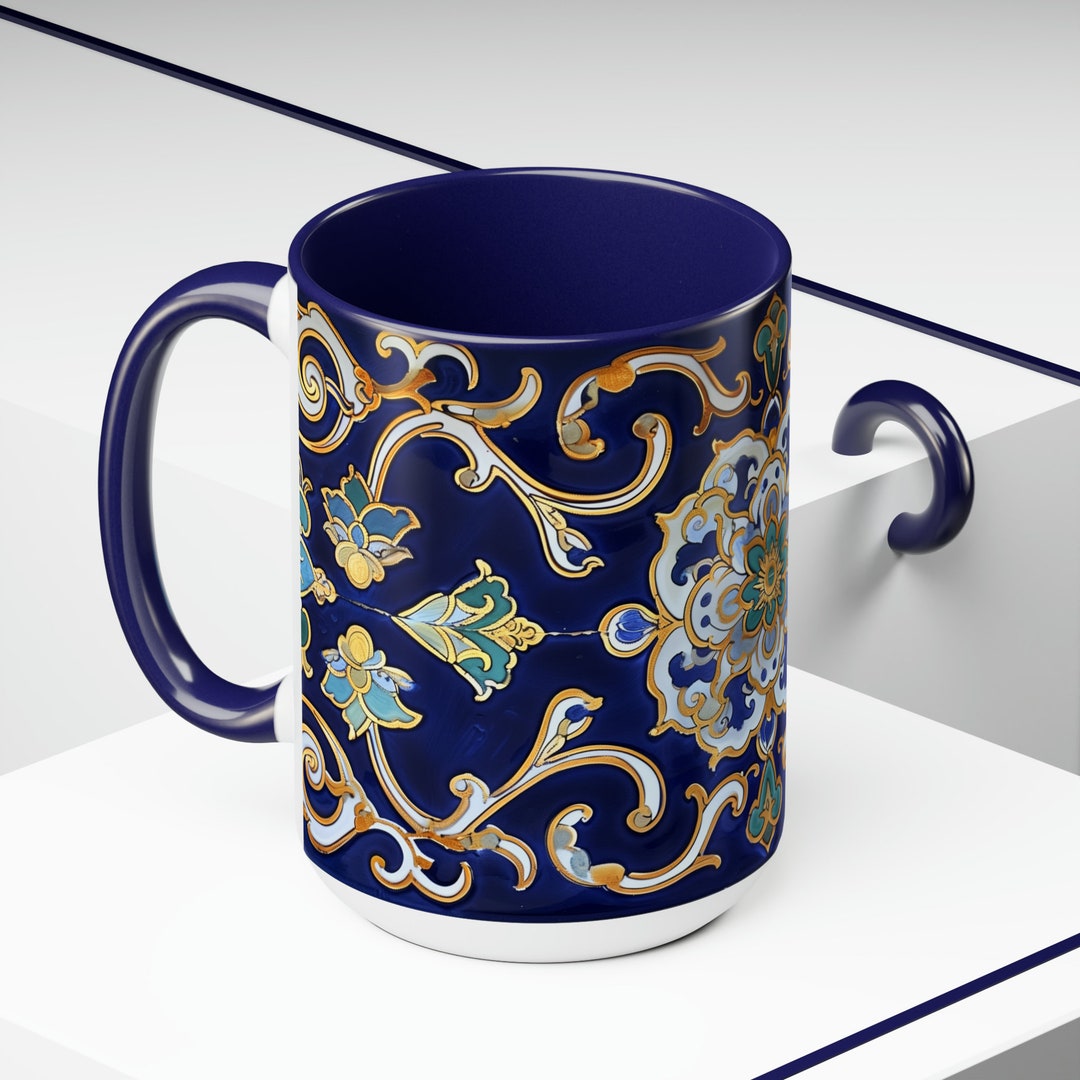 Chinese Tile Coffee Mug | Artistic Pattern Ceramic Two-tone Blue 15oz ...