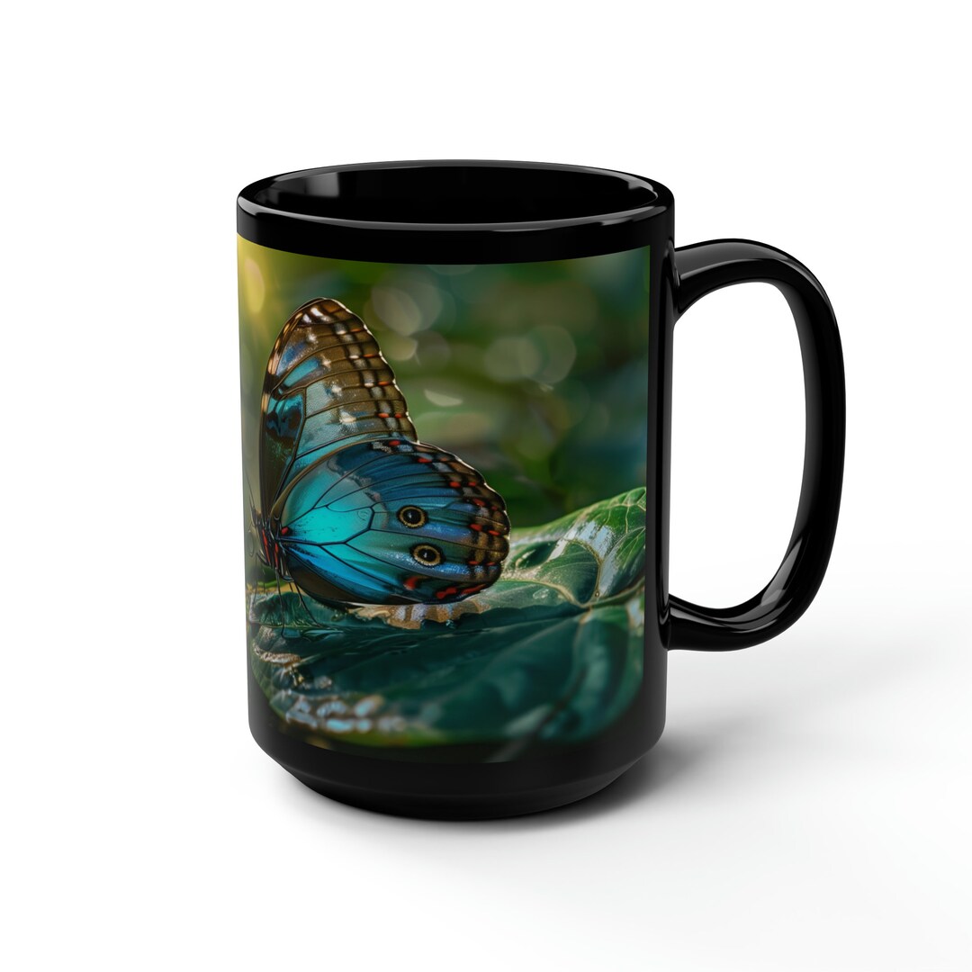 Blue Butterfly Mug | Black Ceramic Coffee Cup | 15oz Tea Mug - Etsy