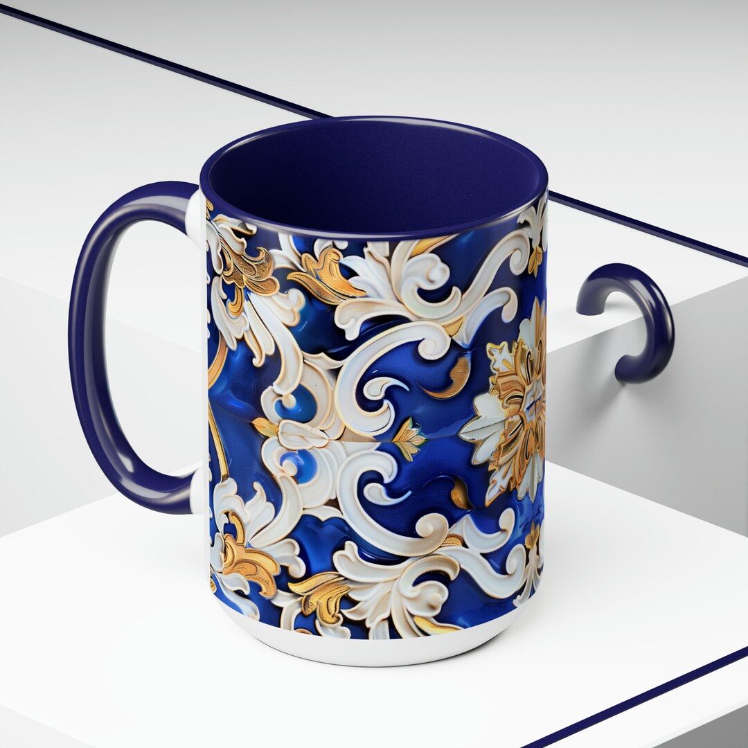 Chinese Tile Coffee Mug | Artistic Pattern Ceramic Two-tone Blue 15oz ...