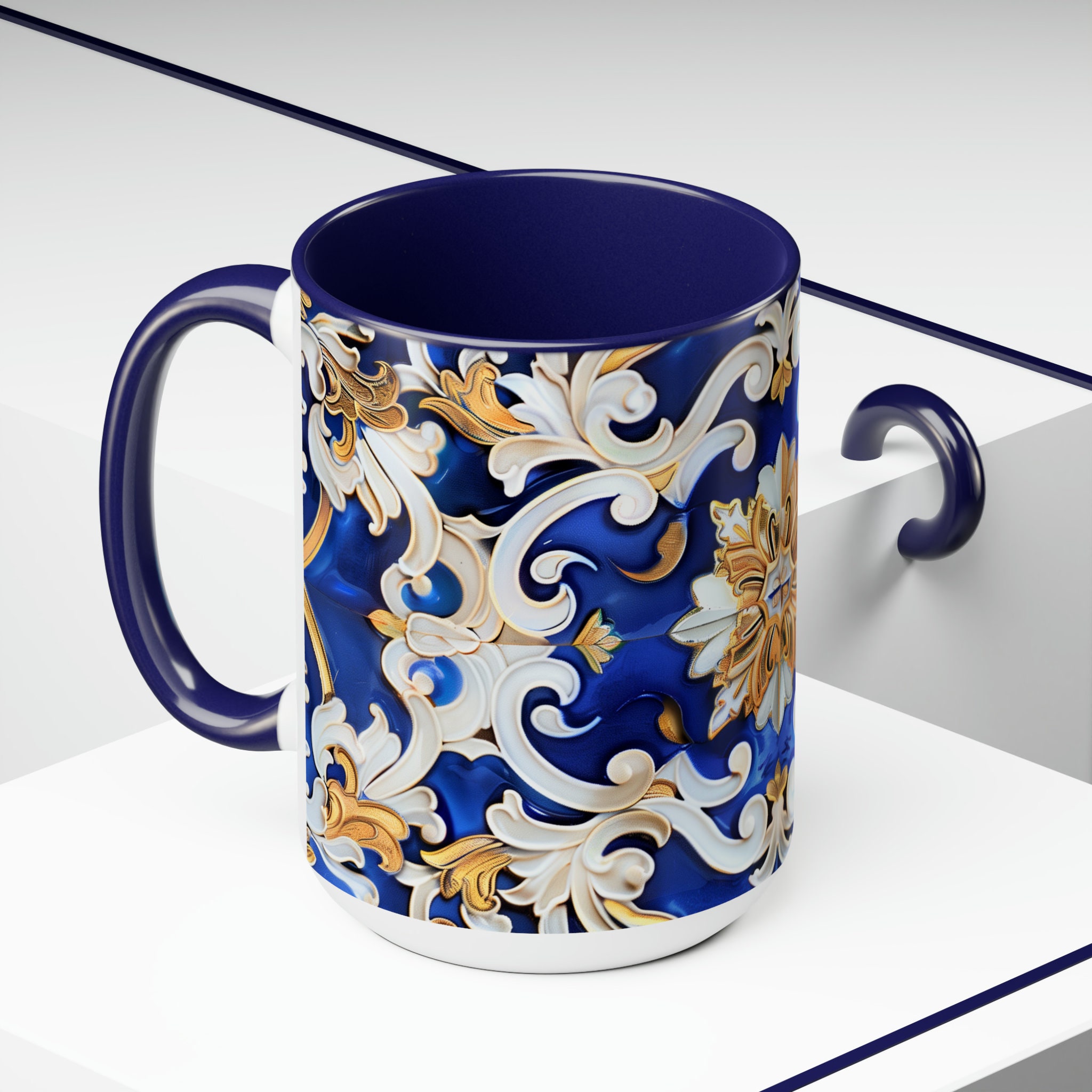 Chinese Tile Coffee Mug | Artistic Pattern Ceramic Two-tone Blue 15oz ...