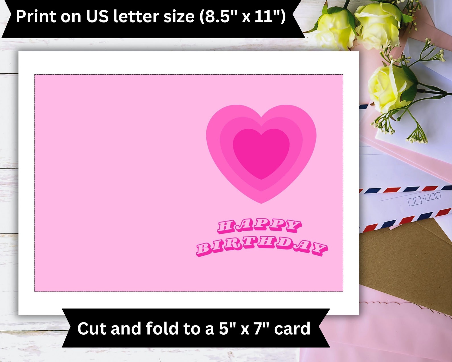 Printable Pink Heart Birthday Card, Happy Birthday Card, Pink Heart ...