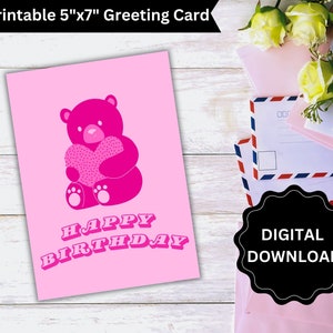 Printable Pink Teddy Bear Birthday Card, Happy Birthday Card, Pink Card ...