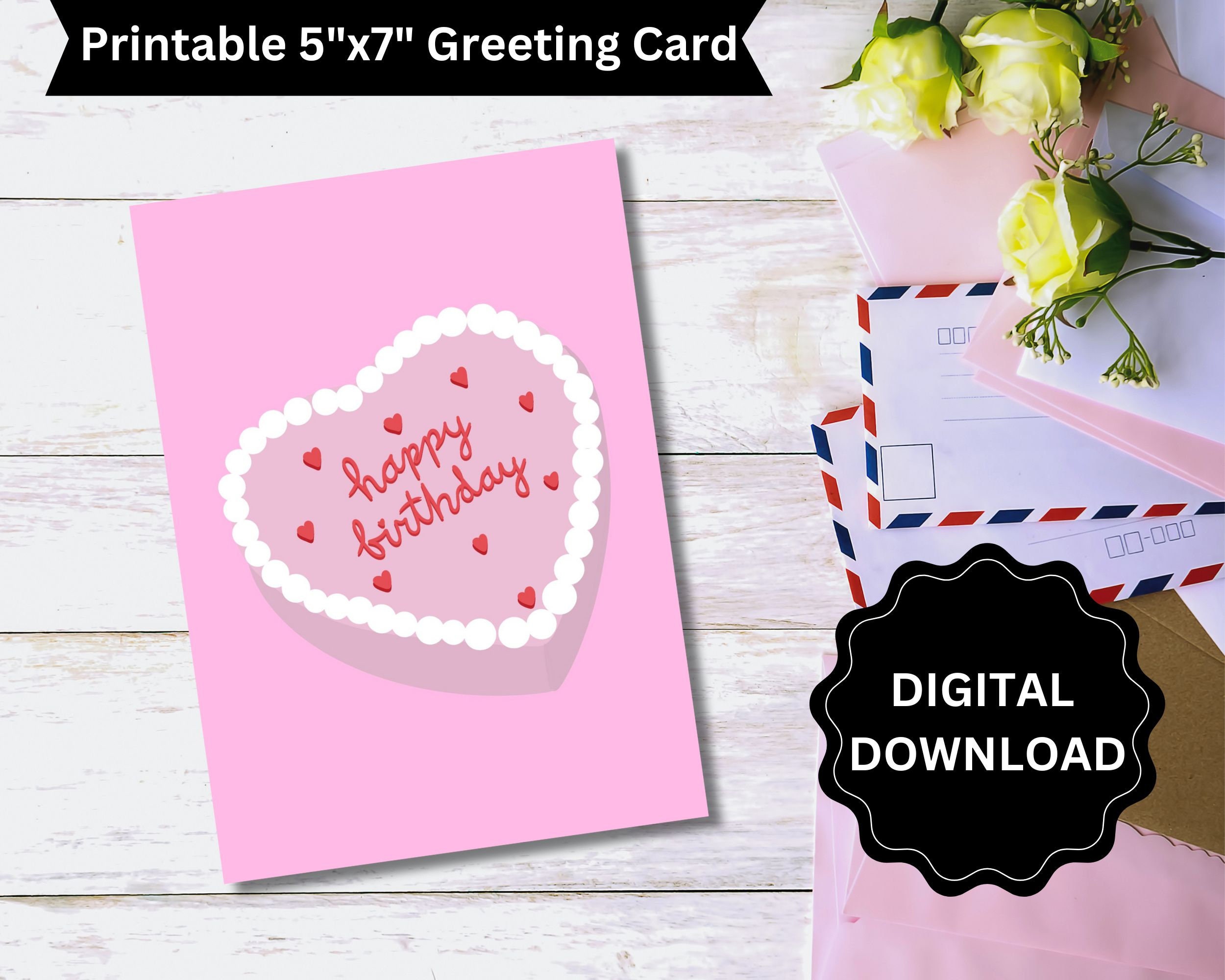 Printable Heart Cake Birthday Card, Happy Birthday Card, Pink Heart ...