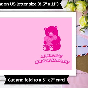Printable Pink Teddy Bear Birthday Card, Happy Birthday Card, Pink Card ...