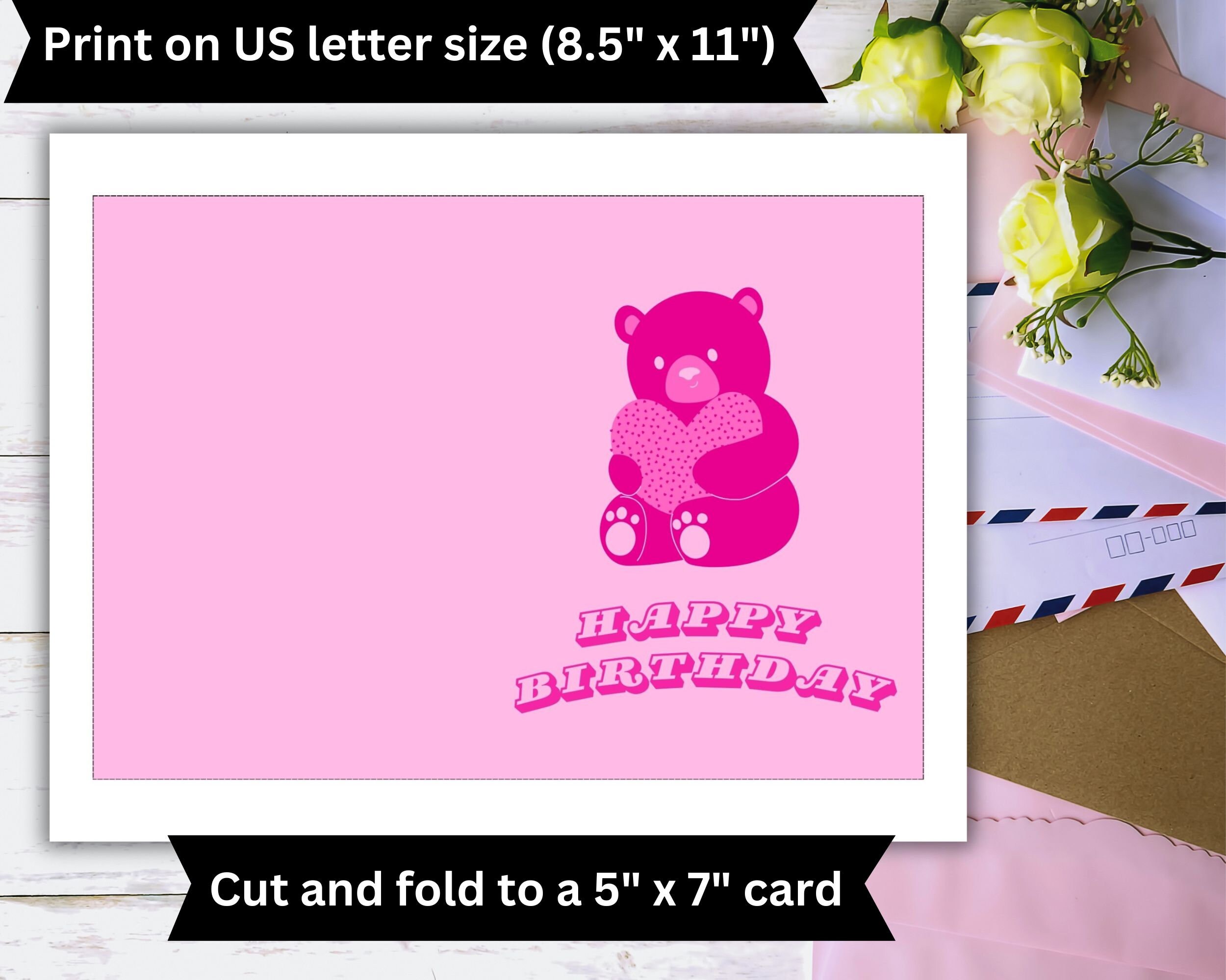Printable Pink Teddy Bear Birthday Card, Happy Birthday Card, Pink Card ...