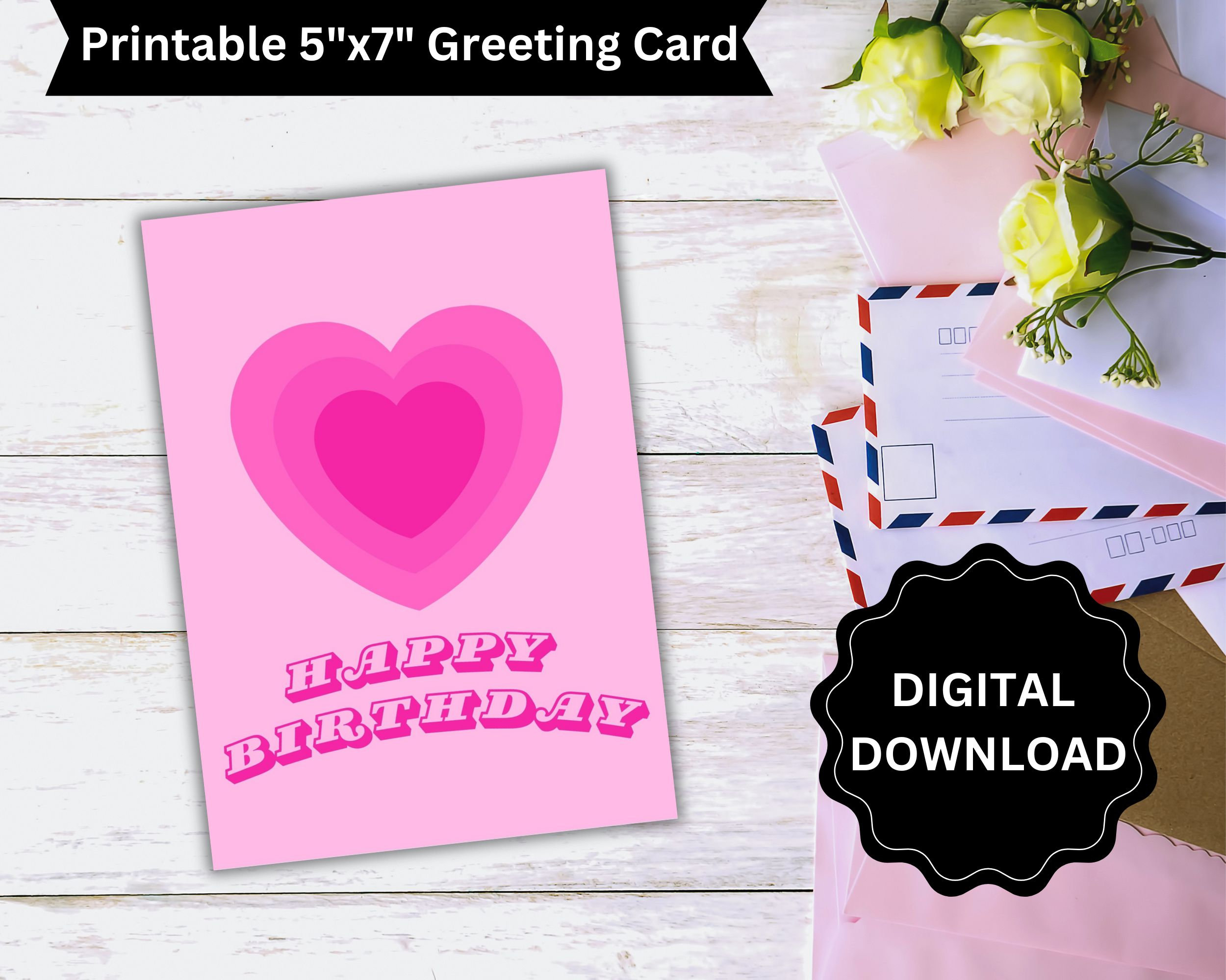 Printable Pink Heart Birthday Card, Happy Birthday Card, Pink Heart ...