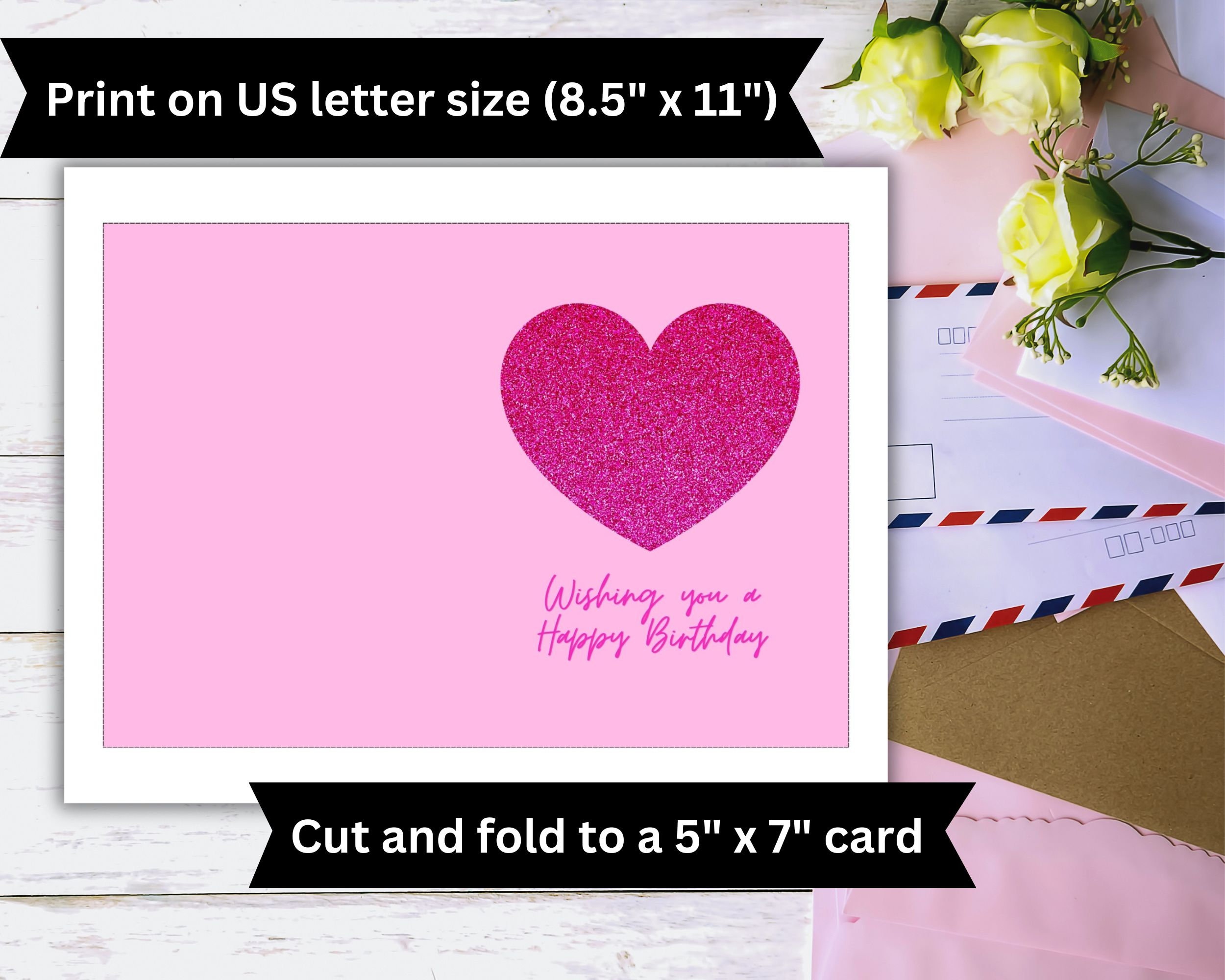Printable Pink Heart Birthday Card, Happy Birthday Card, Pink Heart ...