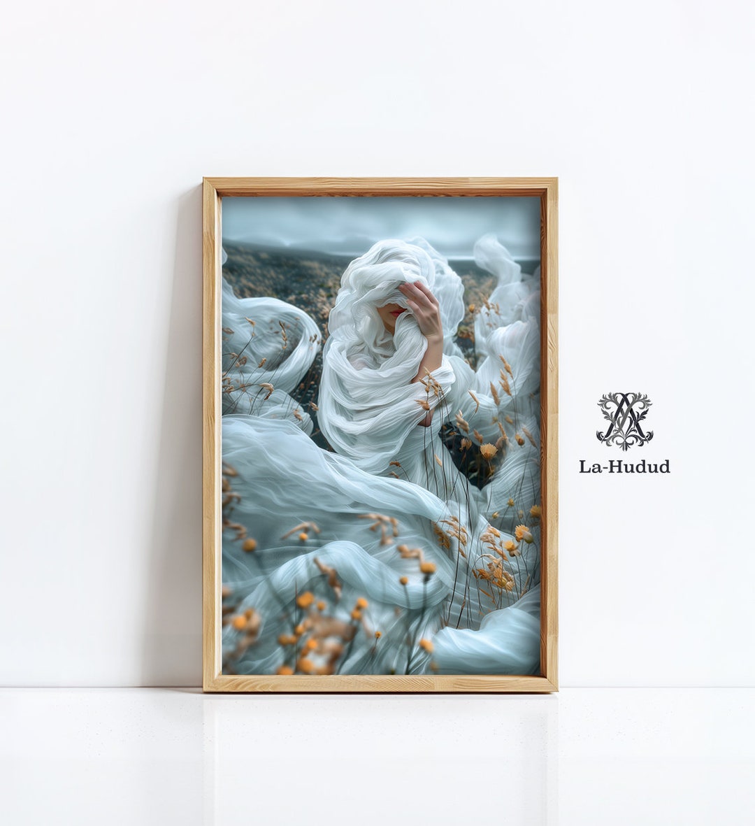 Woman in Veil Wall Art Woman in Field Digital Art Wind Blowing Veil ...
