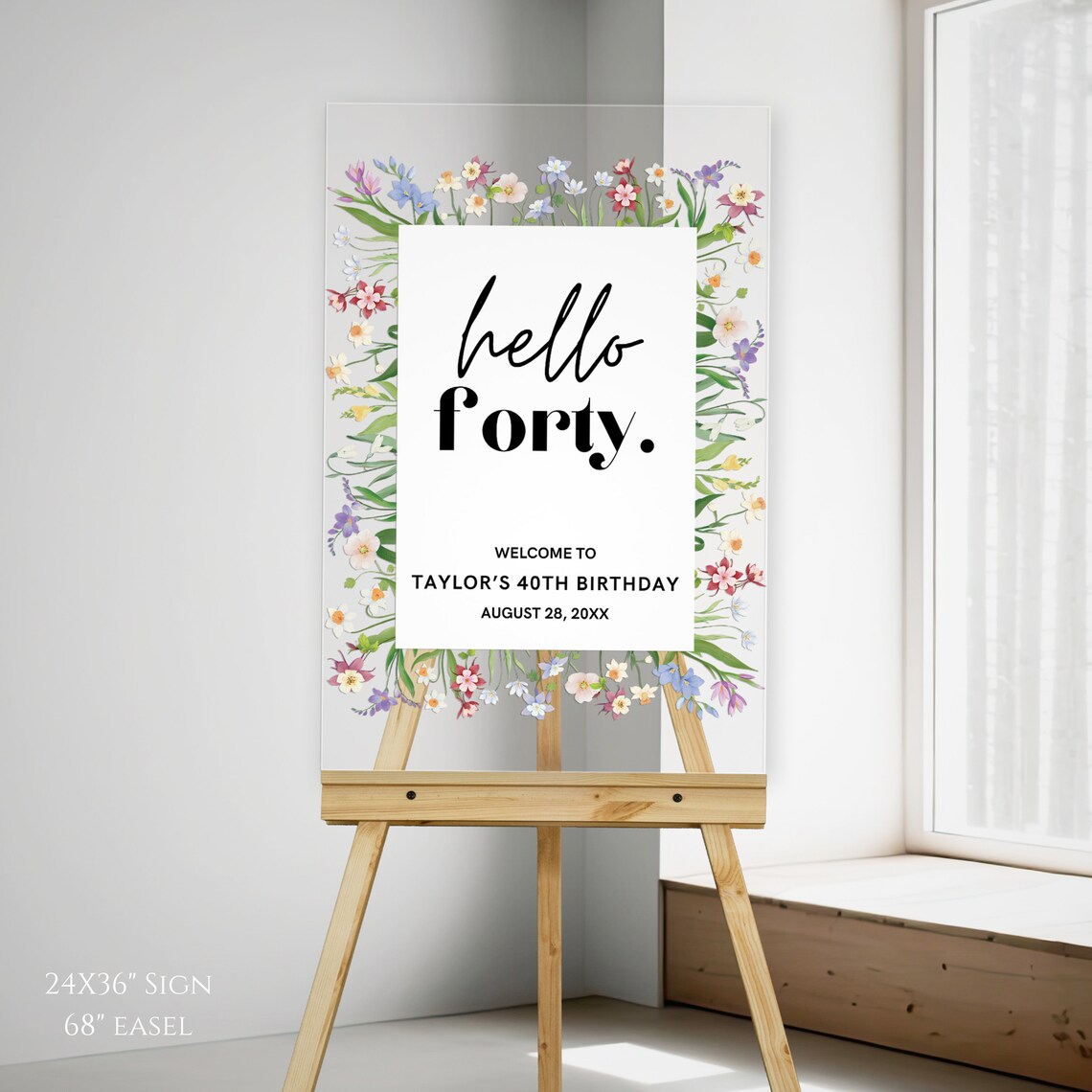 Custom Floral Hello Forty Birthday Party Welcome Sign, 40th Birthday ...