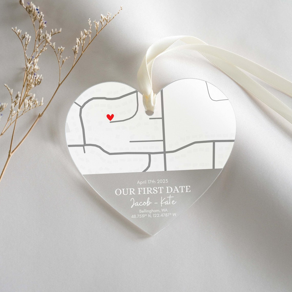 Personalized Map Our First Date Ornament, Custom Name Heart Shaped ...