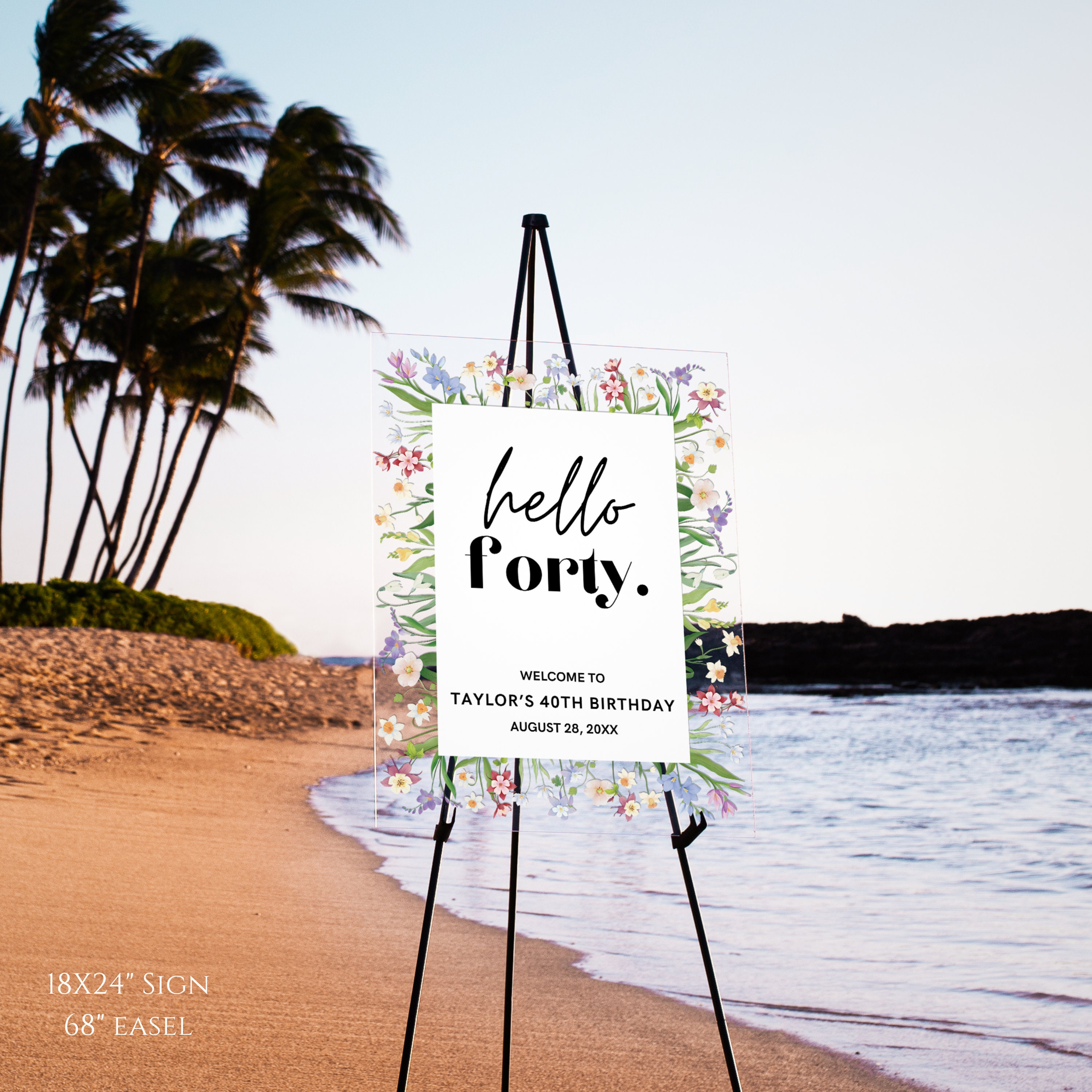 Custom Floral Hello Forty Birthday Party Welcome Sign, 40th Birthday ...