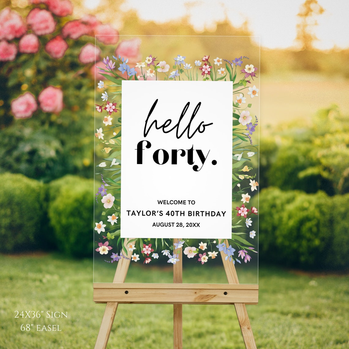 Custom Floral Hello Forty Birthday Party Welcome Sign, 40th Birthday ...