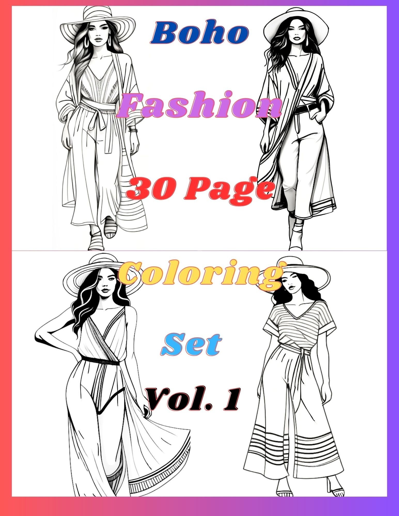 30 Fashion Coloring Pages Set, Boho, 30 Coloring Pages Bundle, Instant ...