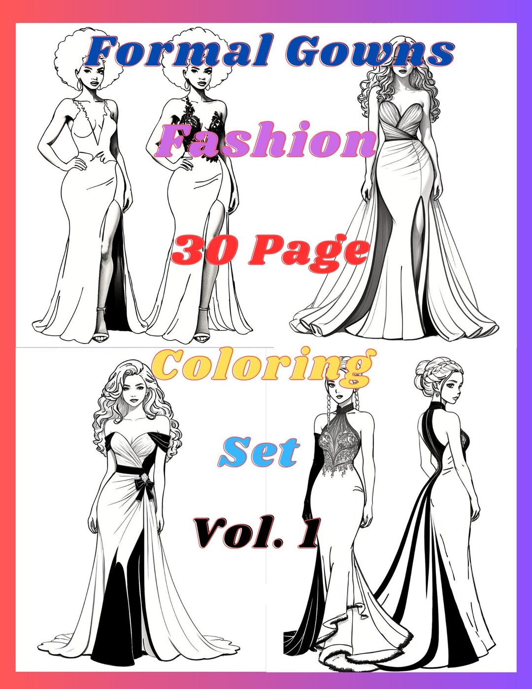 30 Fashion Coloring Pages Set, Formal Gowns, 30 Coloring Pages Bundle ...