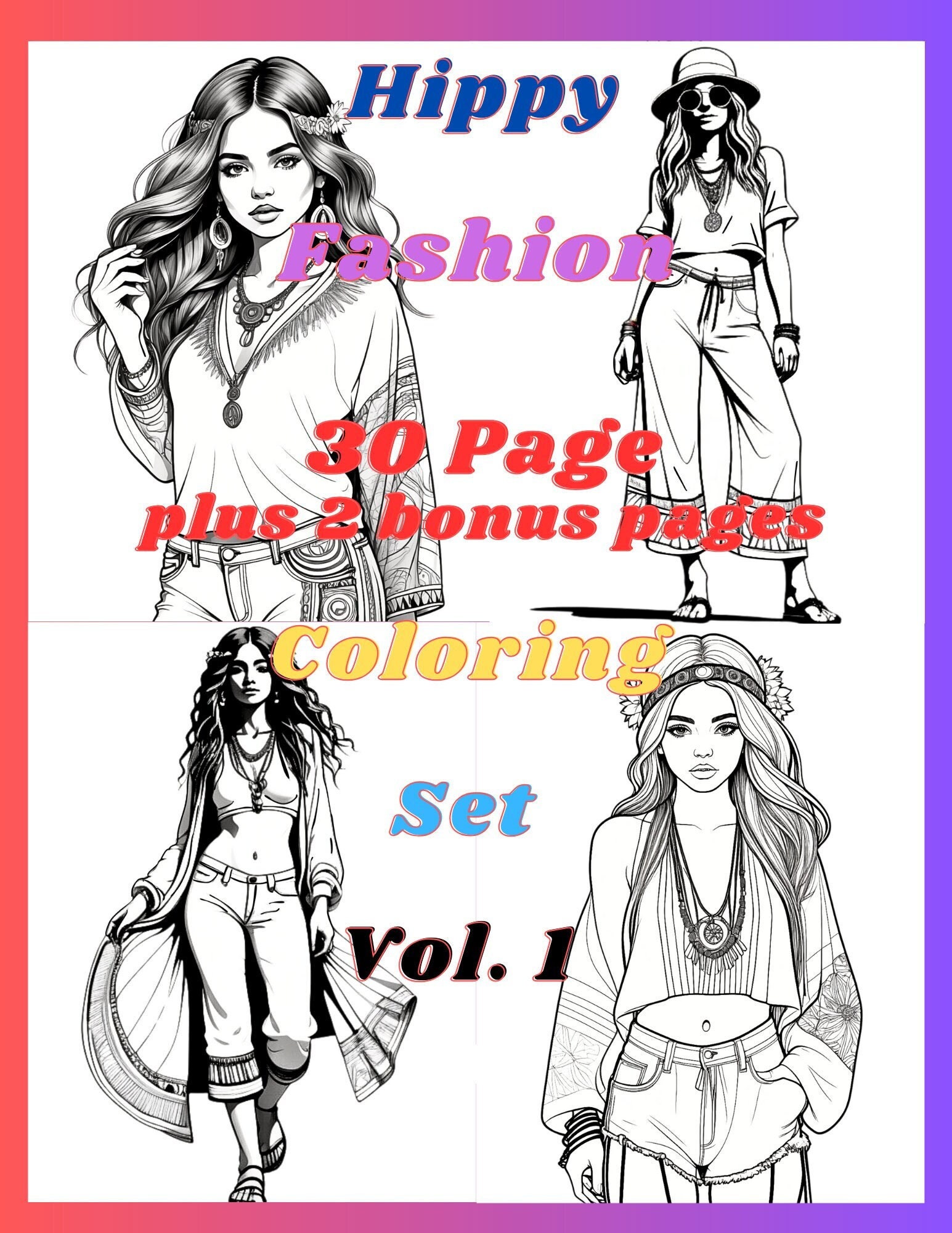 30 Fashion Coloring Pages Set, Hippy, 30 Coloring Pages Bundle, Instant ...