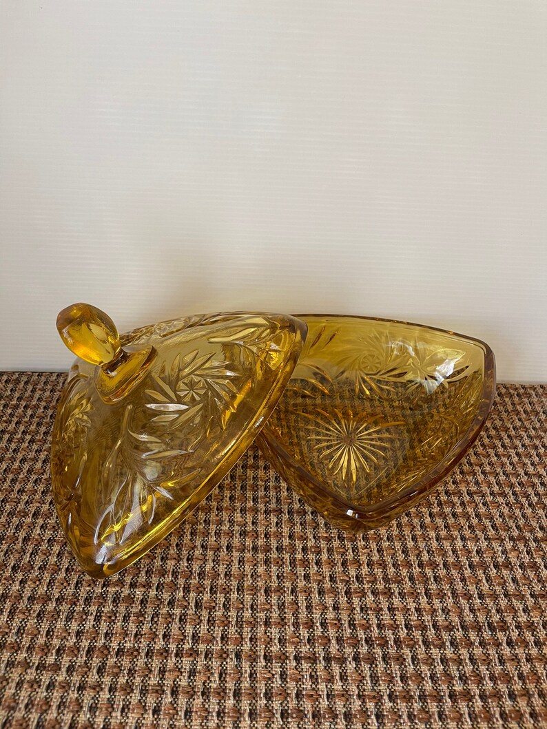 Vintage Triangle Shaped Amber Glass Covered Candy Dish by Hazel Atlas ...