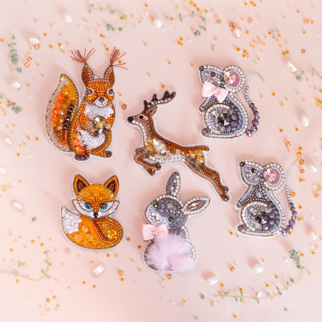 Bead Embroidery Kit - Set of 6 Animals, DIY Craft Kits, Beaded Brooches ...