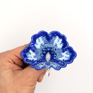 Blue Flower Handmade Beaded Brooch, Floral Embroidery Brooch, Art Glass ...