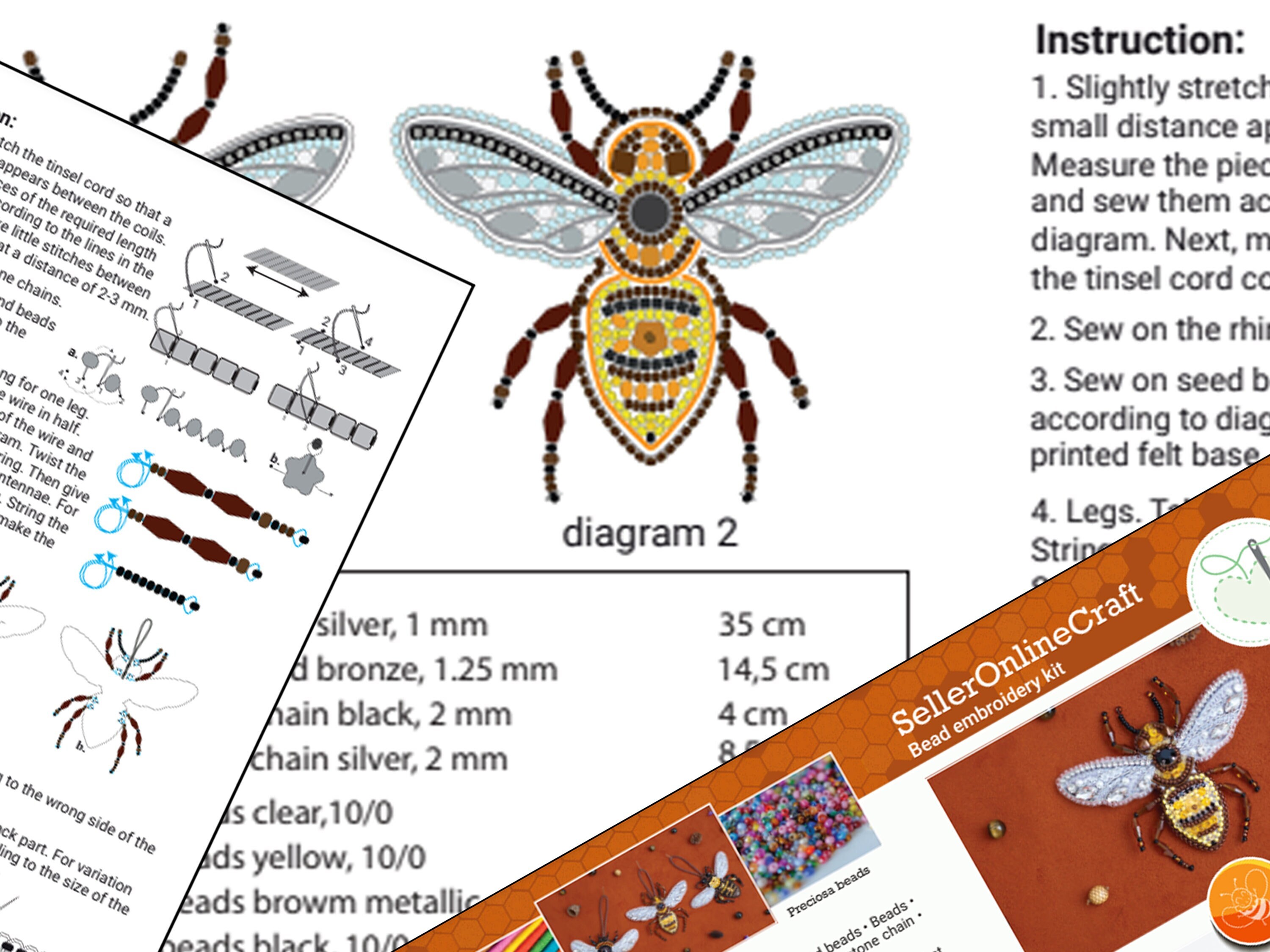 Wasp, Bumblebee, Honey Bee Bead Embroidery Kit. Seed Bead Brooch Kit ...