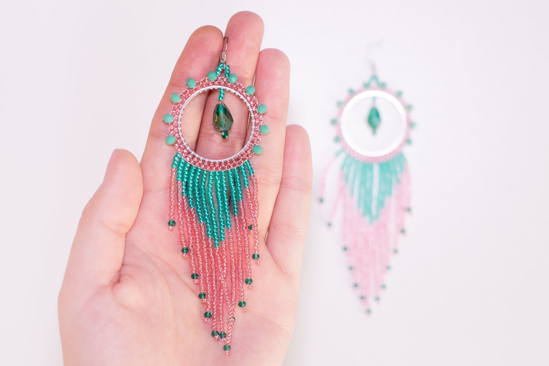 DIY Beading Kit, Pink and Blue Fringe Earrings, Bedazzled Hoop Earrings ...